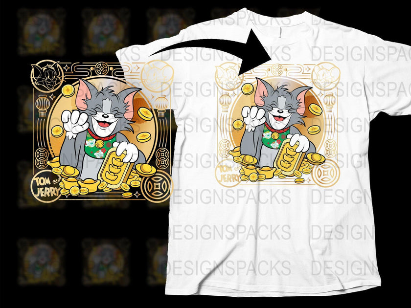Playful Tom and Jerry Fortune Cat Png Digital Download