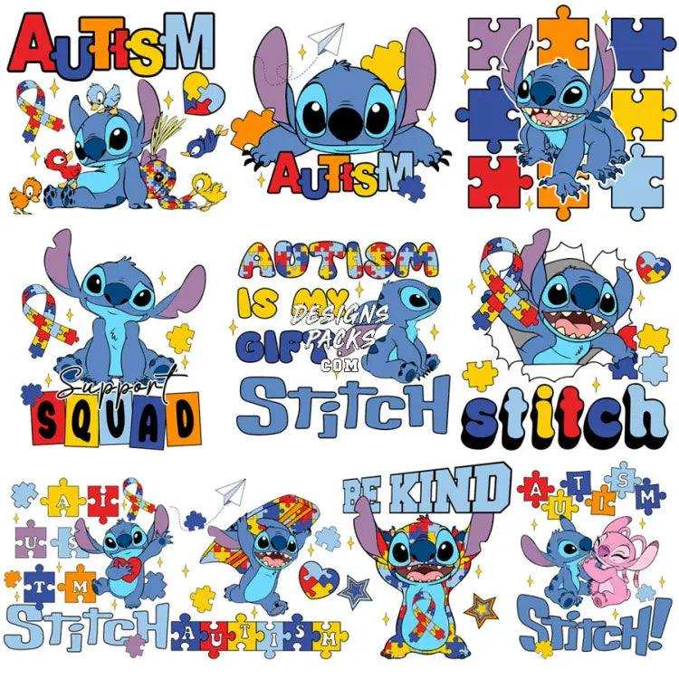 10 Autism Awareness Stitch Cartoon Designs Bundle PNG DXF EPS PDF SVG