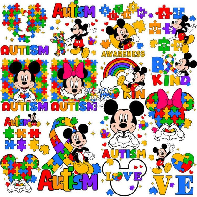 15 Autism Awareness Mouse Cartoon Designs Bundle PNG DXF EPS PDF SVG