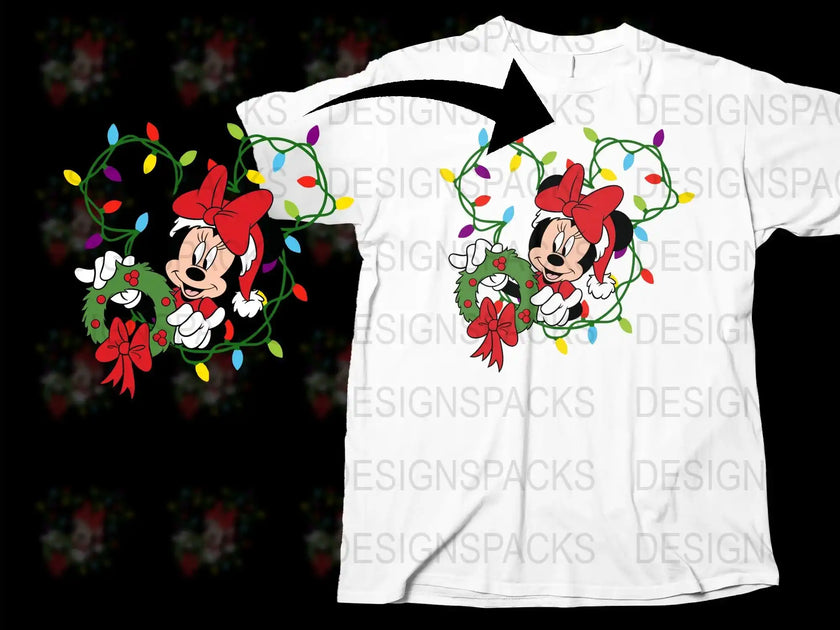 Minnie Mouse with Wreath Christmas String Lights Christmas Png Digital