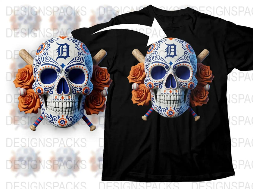 Skull with Roses Baseball Bats DETROIT TIGERS MLB TEAM LOGO Png Digita