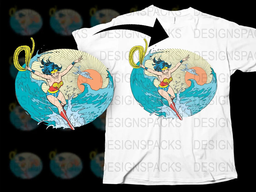 Wonder Woman Riding the Waves Graphic Png Digital Download