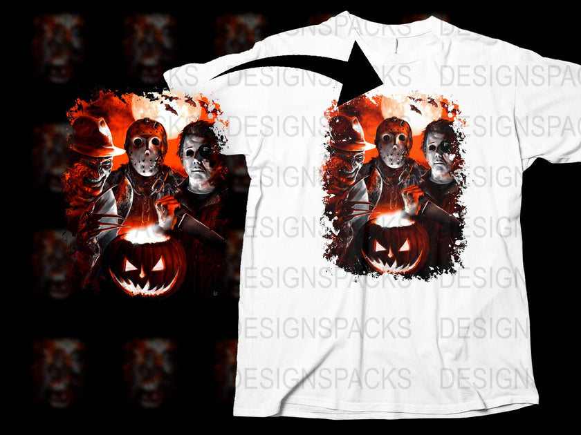 Halloween Horror Characters Trio From Cartoon With Pumpkin Png Digital