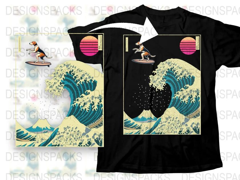 Surfing Beagle on the Great Wave Retro Style Png Digital Download