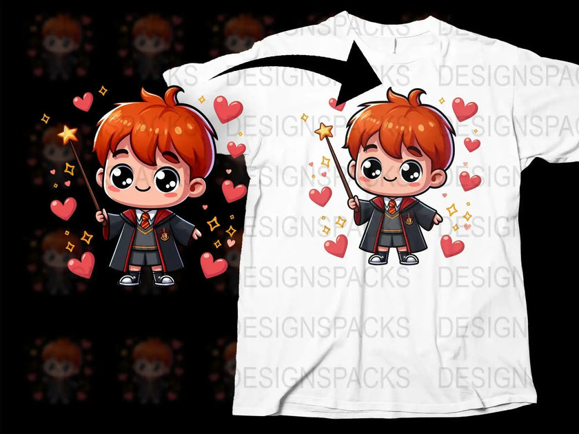 Chibi Style Red Haired Wizard Holding Wand Graphic Png Digital Downloa