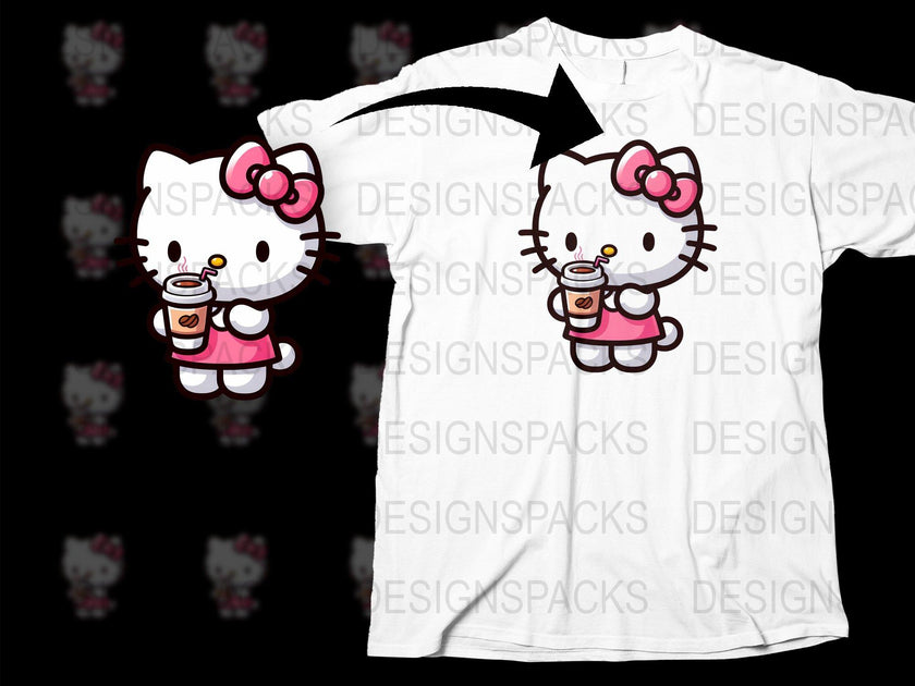 Cute Hello Kitty Drinking Coffee Valentine's Day Png Digital Download