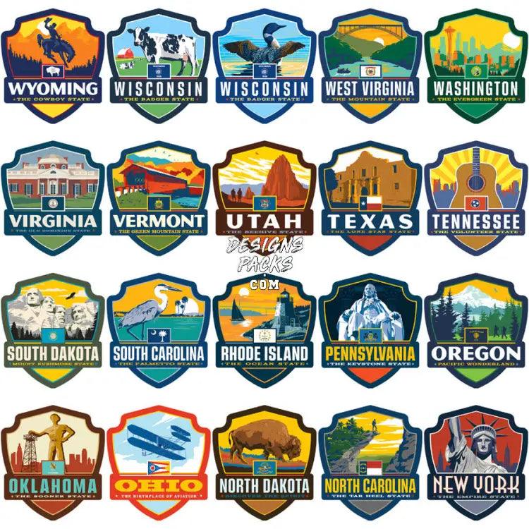 48 USA Popular States Badges Style Designs Bundle PNG