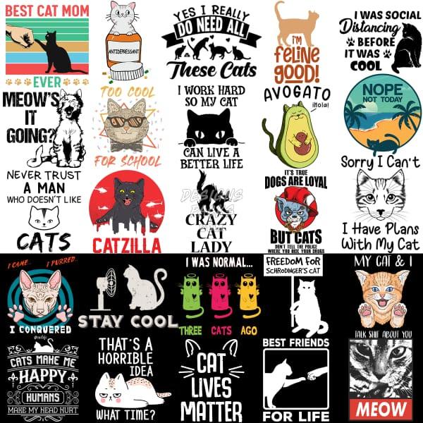 50 Cats Designs Bundle PNG AI PSD with Fonts
