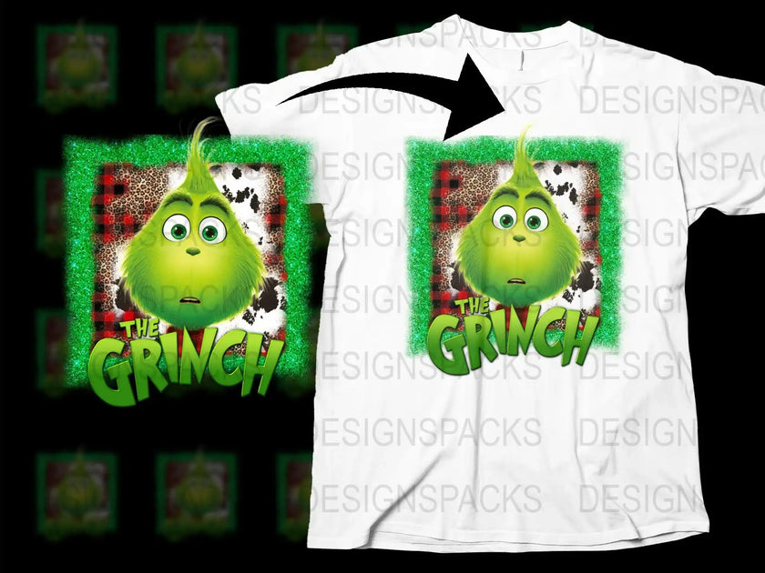 The Grinch with Plaid Leopard and Cow Print Background Christmas Png D