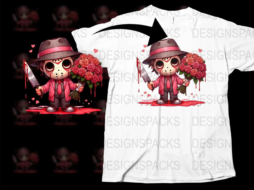 Jason Voorhees Cute Drawing with Roses Png Digital Download