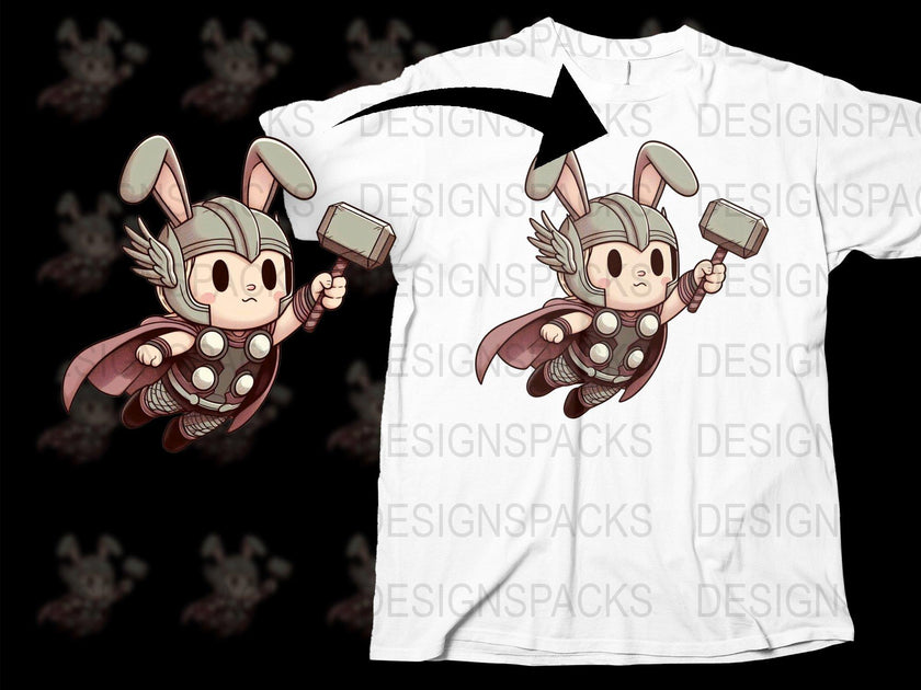 Cute Bunny Thor with Hammer Graphic Png Digital Download