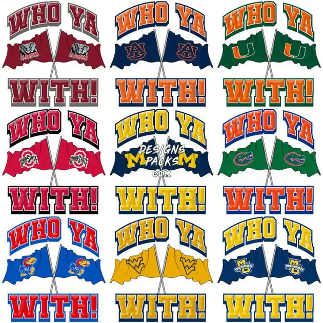 60 NCAA College WHO YA WITH Football Teams Designs Bundle PNG