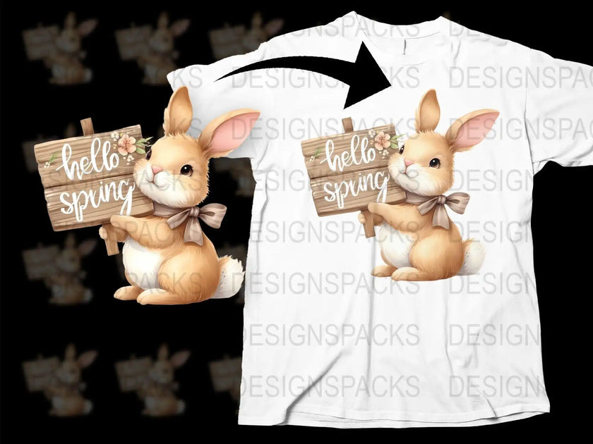 Cute Bunny Holding Sign Hello Spring Png Digital Download