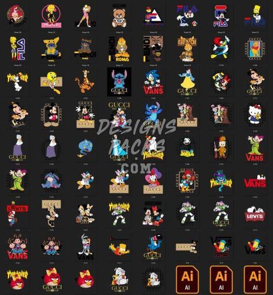 69 Mixed Cartoons Brands Designs Bundle PNG AI