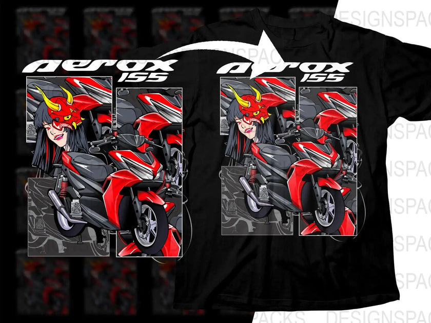 Red Motorcycle and Stylish Woman Demon Mask Png Digital Download