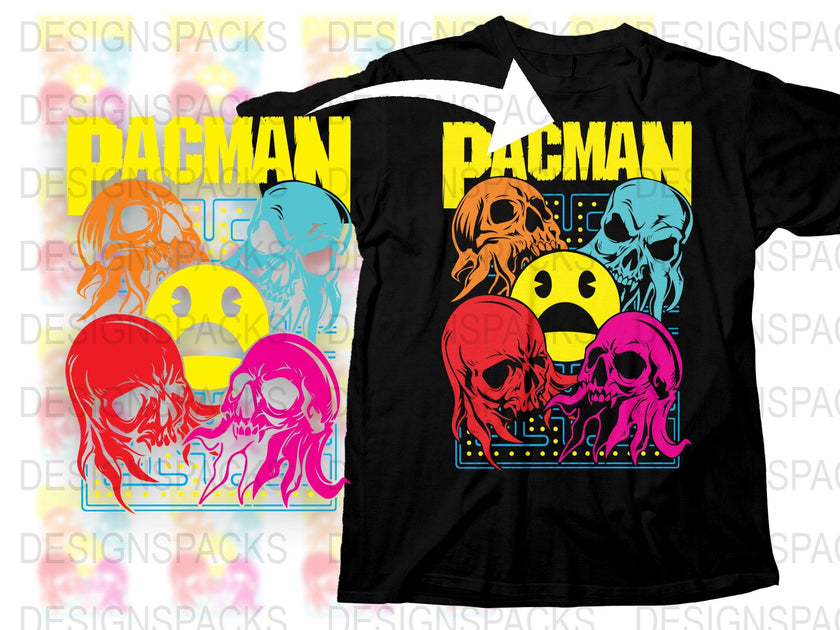 Colorful Skull Art Featuring PACMAN Game Graphic Png Digital Download