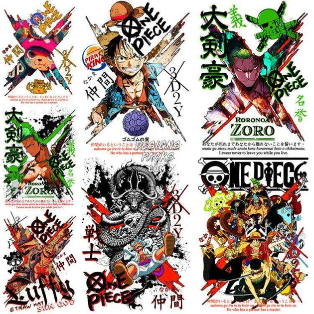 7 One Piece Streetwear Anime Designs Bundle PNG + PSD