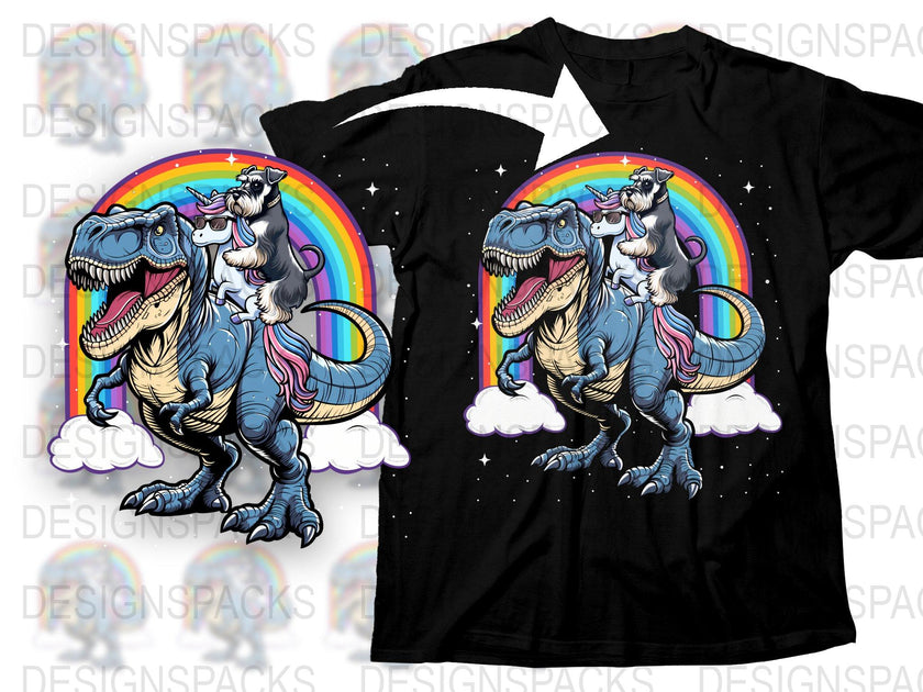 Riding a T Rex with Schnauzer and Unicorn Png Digital Download