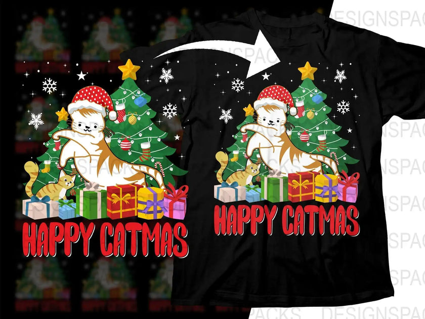 Happy Catmas Png Digital Download with Christmas Tree Design