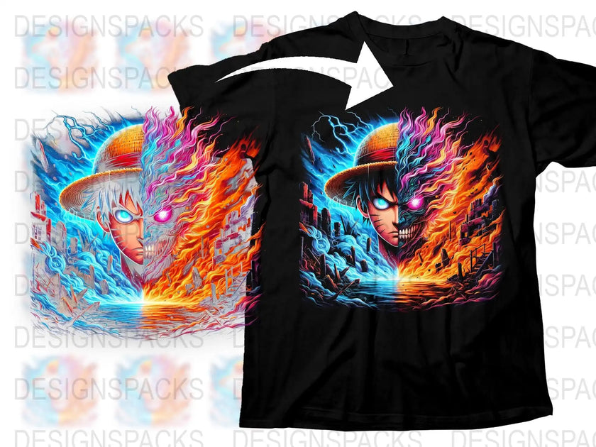 One Piece Luffy Half Ice Half Fire Graphic Halftone Png Digital Downlo