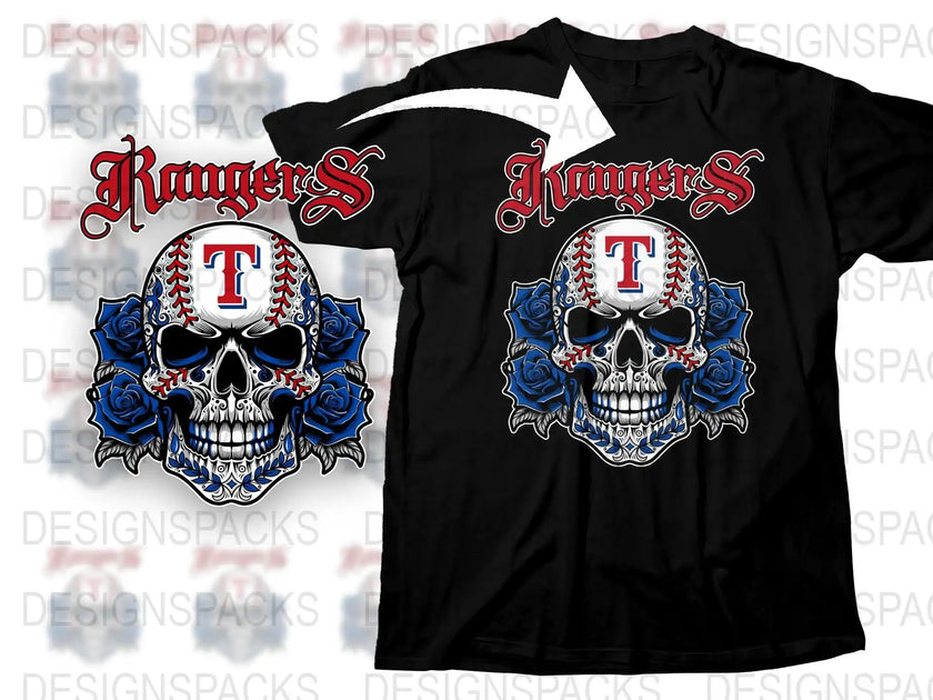 Rangers Skull and Blue Roses MLB Team Name Logo Png Digital Download