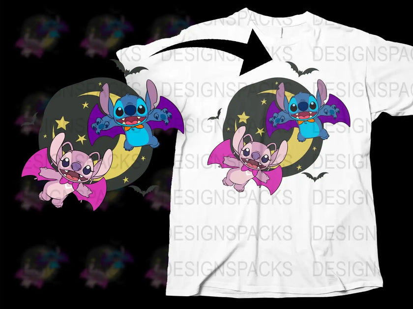 Halloween Stitch and Angel Cartoon Vampire Bats Png Digital Download