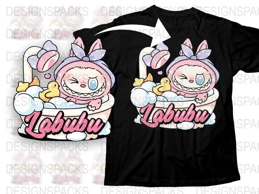 Adorable Winking Labubu in Bathtub Graphic Png Digital Download