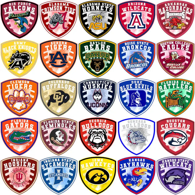 62 College NCAA Teams Shield Logo Designs Bundle PNG