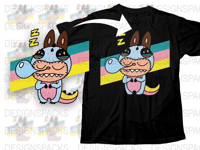 Labubu Sleeping Crocodile with Rabbit Ears Cute Design Png Digital Dow