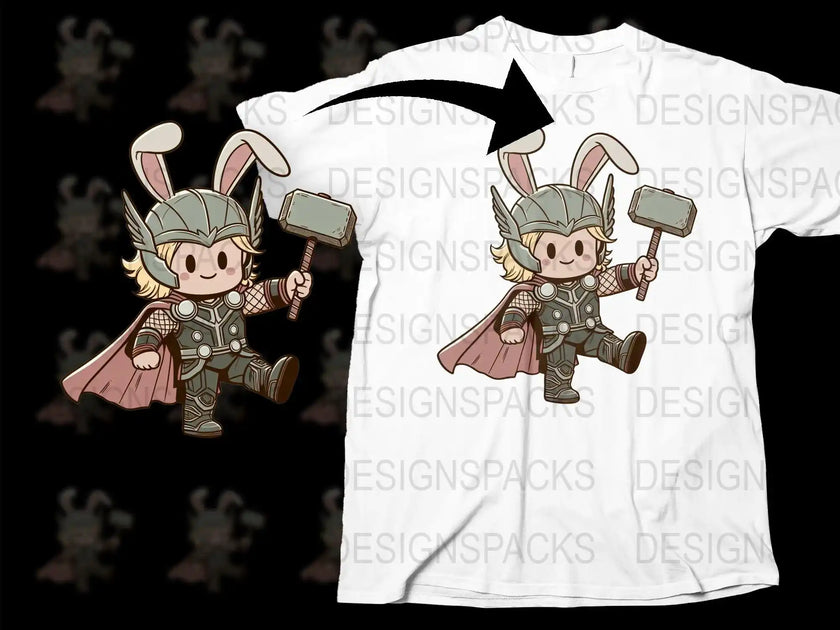 Cute Cartoon Thor with Bunny Ears Easter Png Digital Download