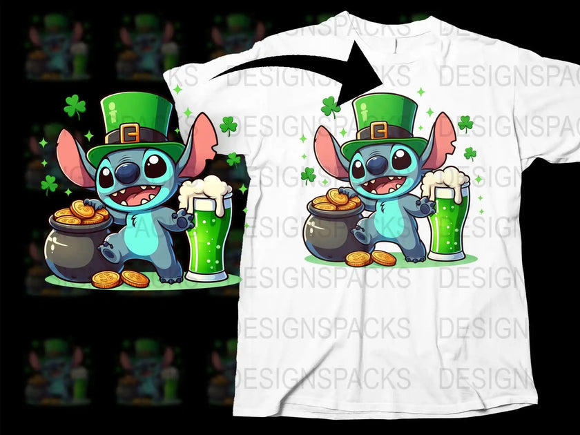 Cute St Patricks Day Stitch Holding Gold Coins Png Digital Download