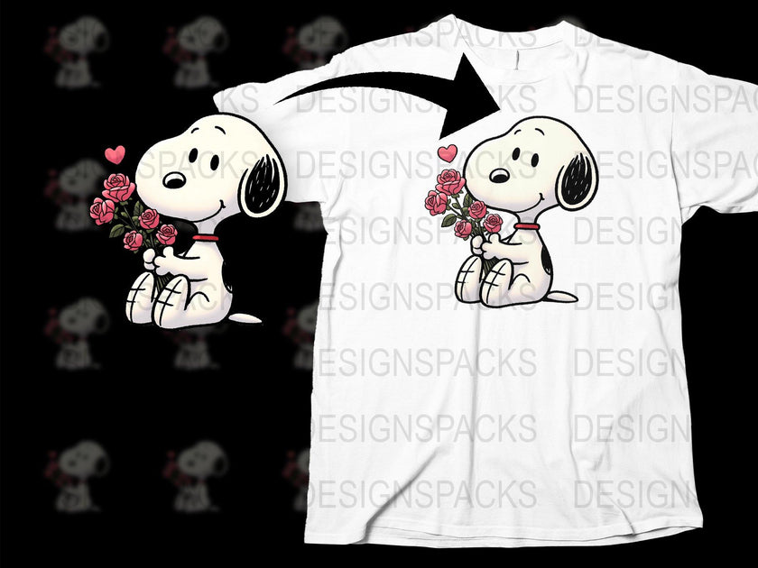 Snoopy Holding Roses Graphic Cute and Fun Png Digital Download