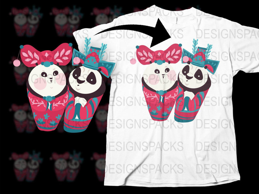 Cute Panda and Bunny Design Png Digital Download