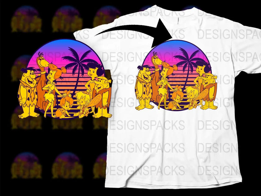 Flintstones Family Retro Sunset Design Png Digital Download