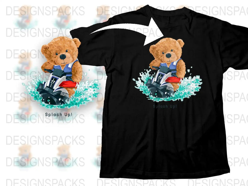 Cute Teddy Bear on Jet Ski Splashes Png Digital Download