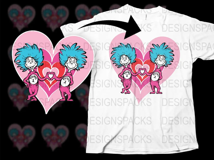 Cute Twin Thing 1 and Thing 2 Pink Heart Png Digital Download