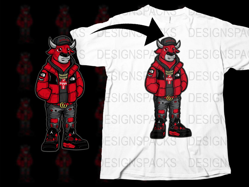 Cool Stylish Red Bull Character with Streetwear Png Digital Download