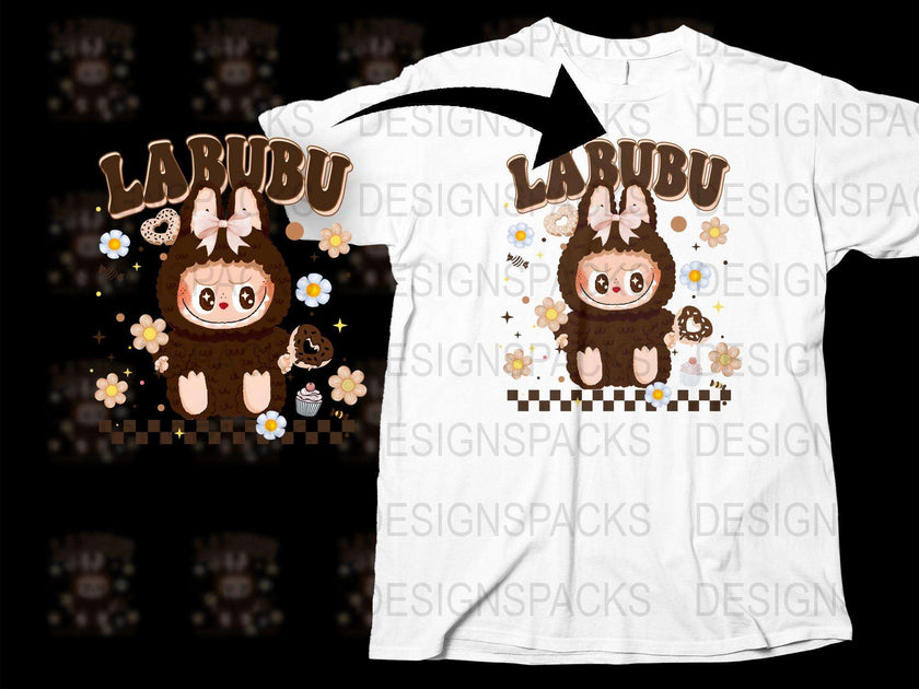 Cute LABUBU With Flowers and Donuts Cartoon Png Digital Download