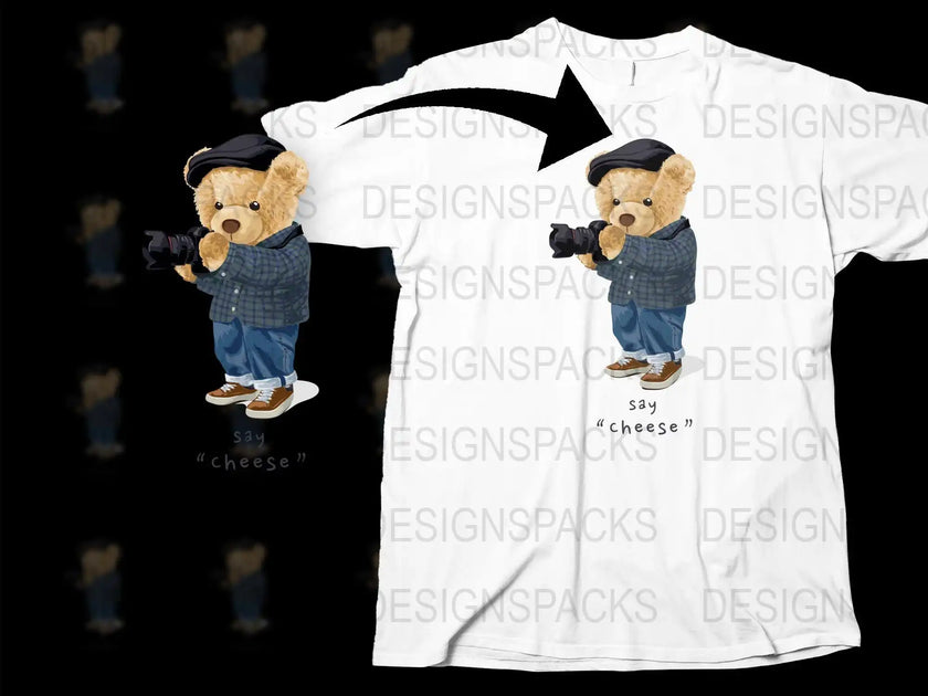 Adorable Teddy Bear with Camera Say Cheese Png Digital Download