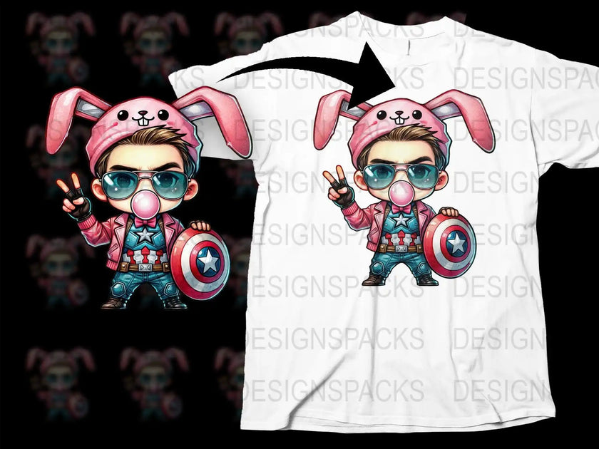 Captain America with Bunny Hat Easter Day Png Digital Download