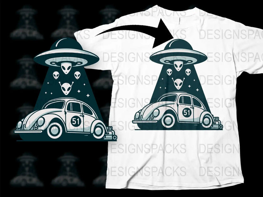 Vintage VW Beetle Alien Invasion Graphic Png Digital Download