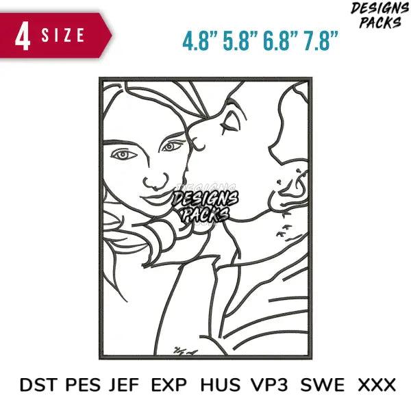 Kiss Outline Potrait Embroidery Design Size item :4.8" 5.8" 6.8" 7.8"